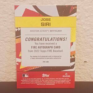 Topps | Toys | 222 Topps Fire Jose Siri Fire Autograph Rookie Card ...